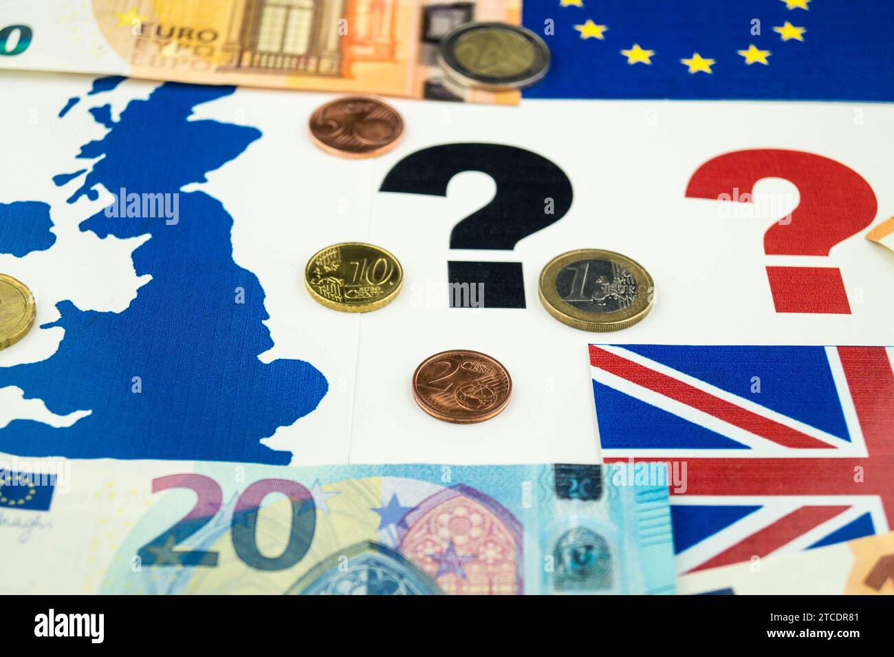 flag of EU, flag and map of Great Britain with question marks, Euros ...