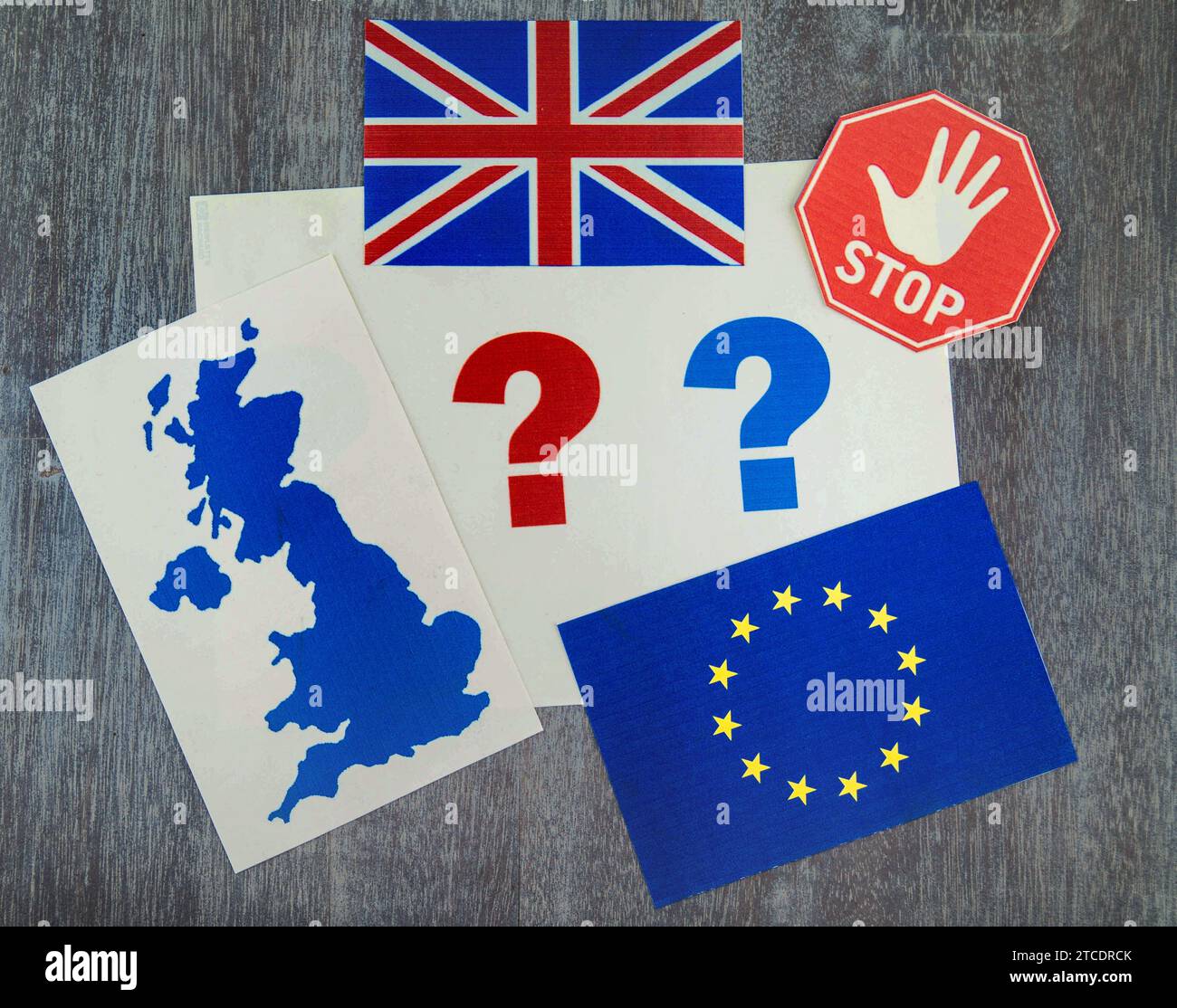 flag of EU, flag and map of Great Britain with Stop sign and question ...