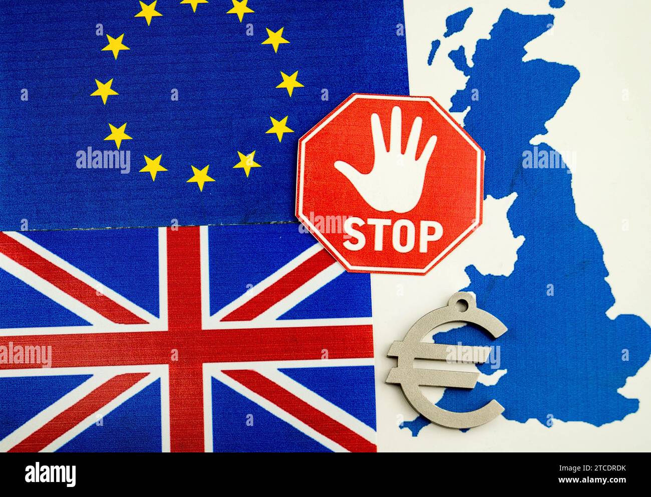 flag of EU, flag and map of Great Britain with Euro sign and Stop sign ...