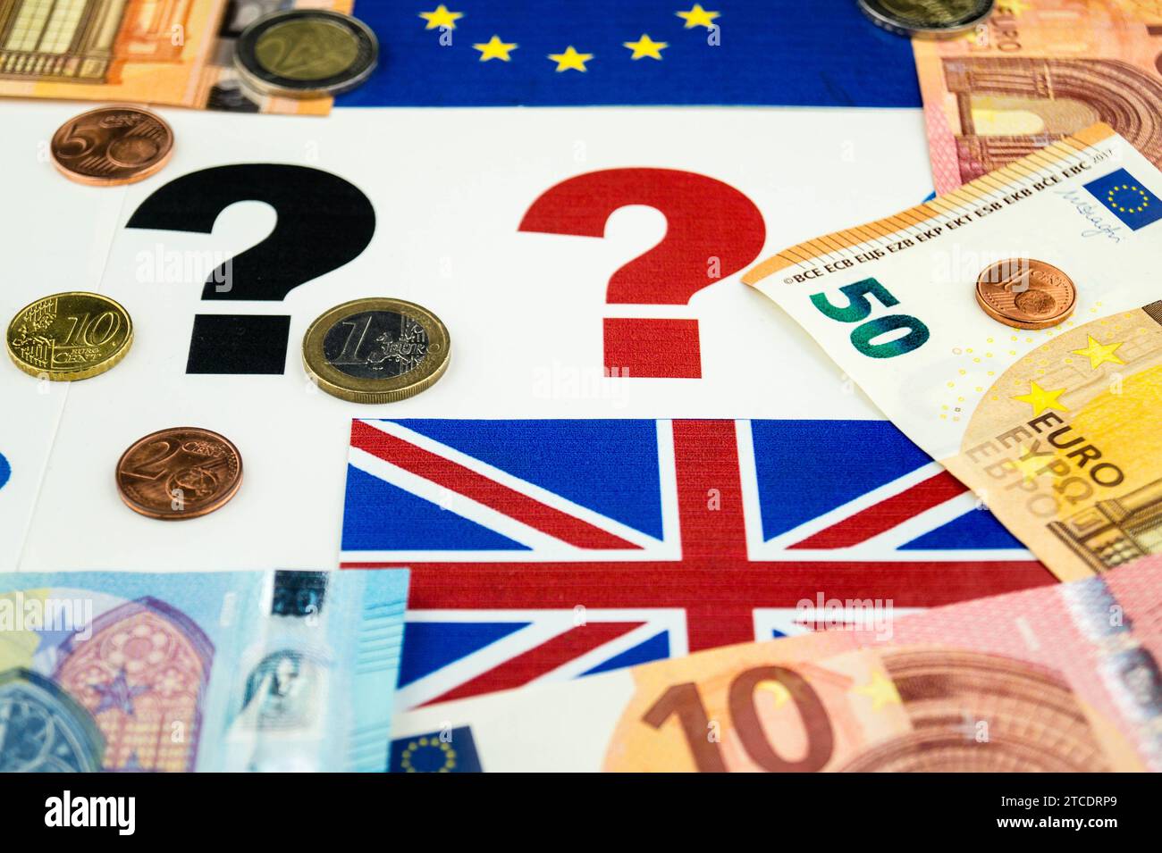 flags of EU and Great Britain with question marks and Euros, Brexit ...