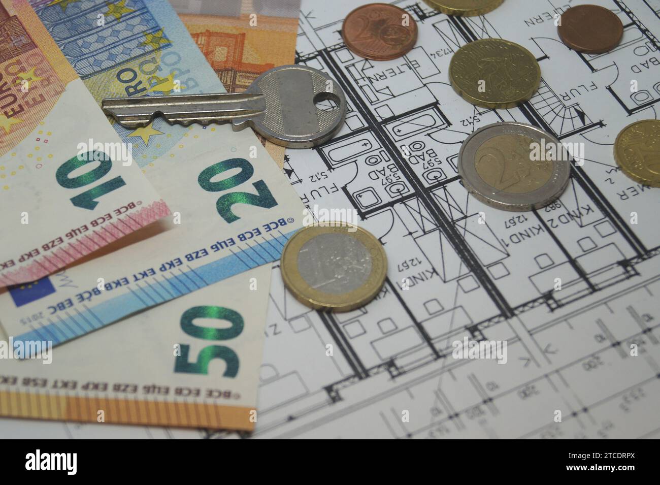 construction drawing, money and key, symbol image for construction ...