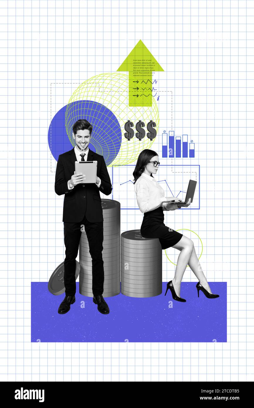 Creative template collage picture satisfied man woman successful ...