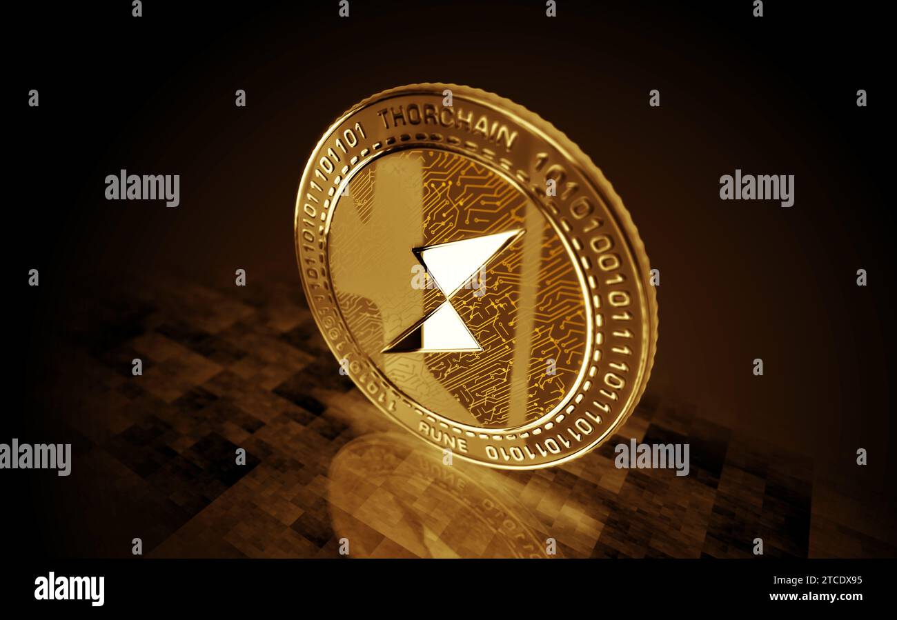 ThorChain RUNE cryptocurrency gold coin on green screen background ...