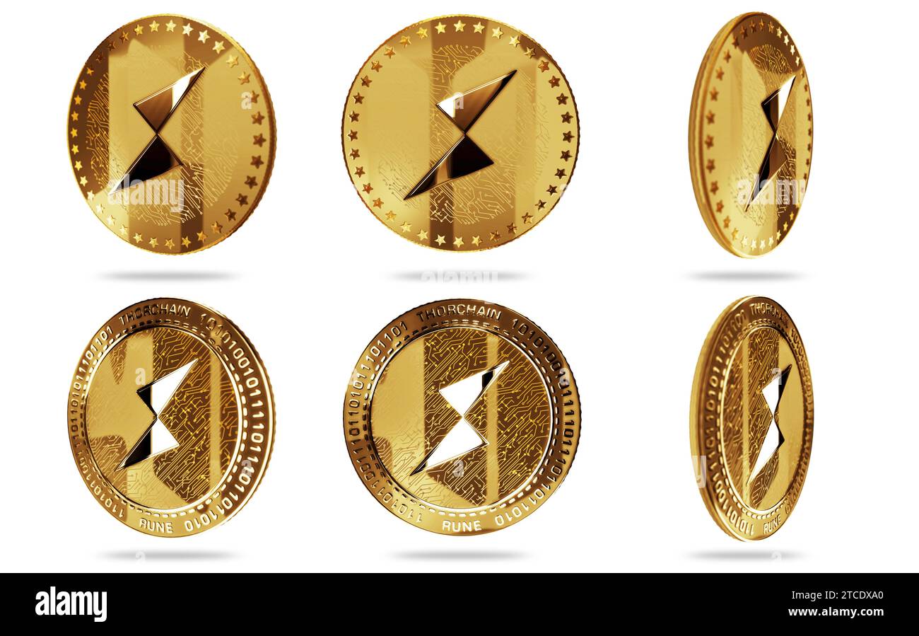 ThorChain RUNE cryptocurrency isolated gold coin on green screen ...