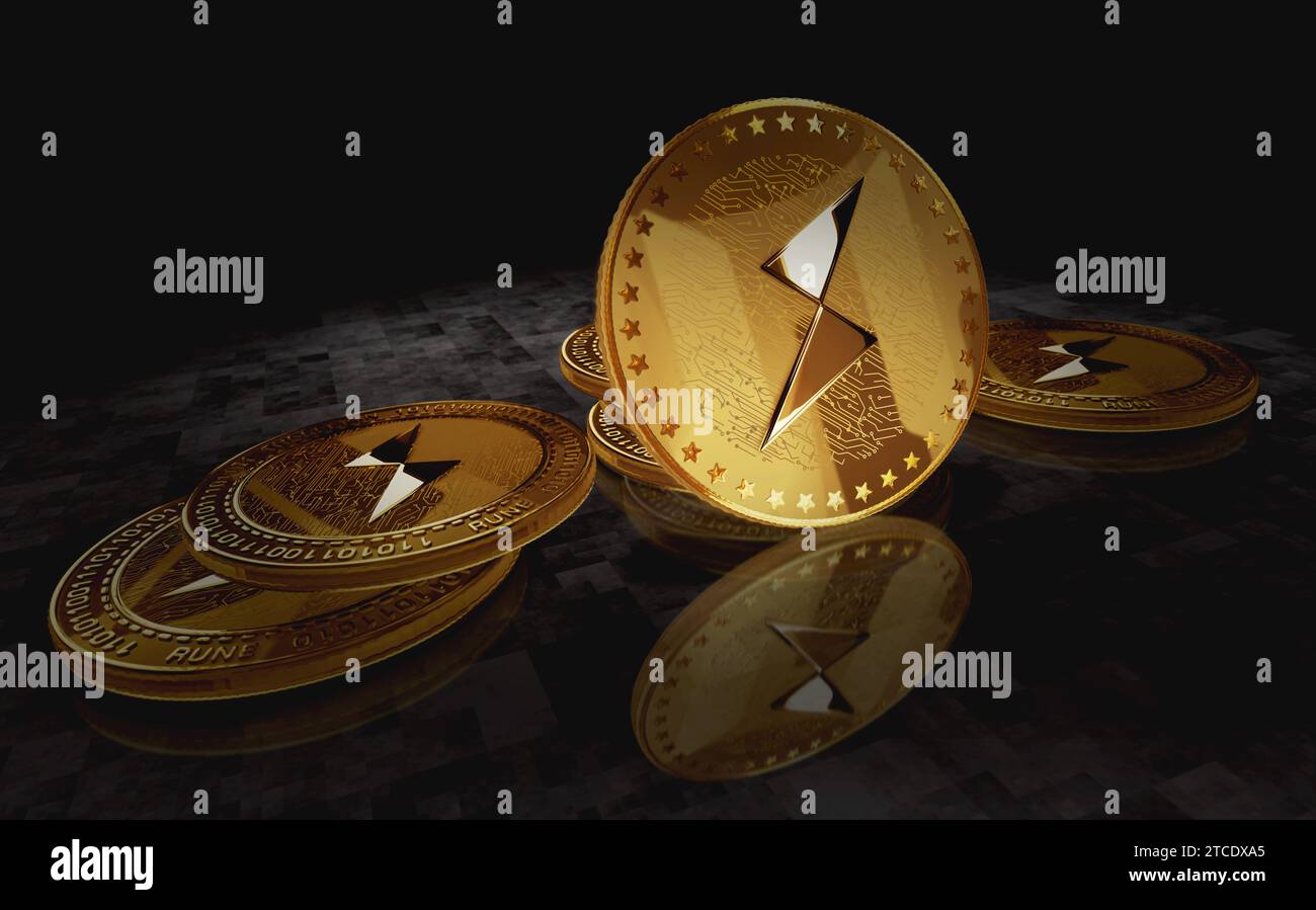 ThorChain RUNE cryptocurrency gold coin on green screen background ...