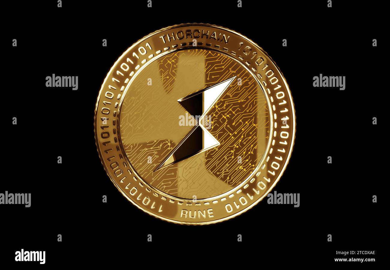 ThorChain RUNE cryptocurrency isolated gold coin on green screen ...