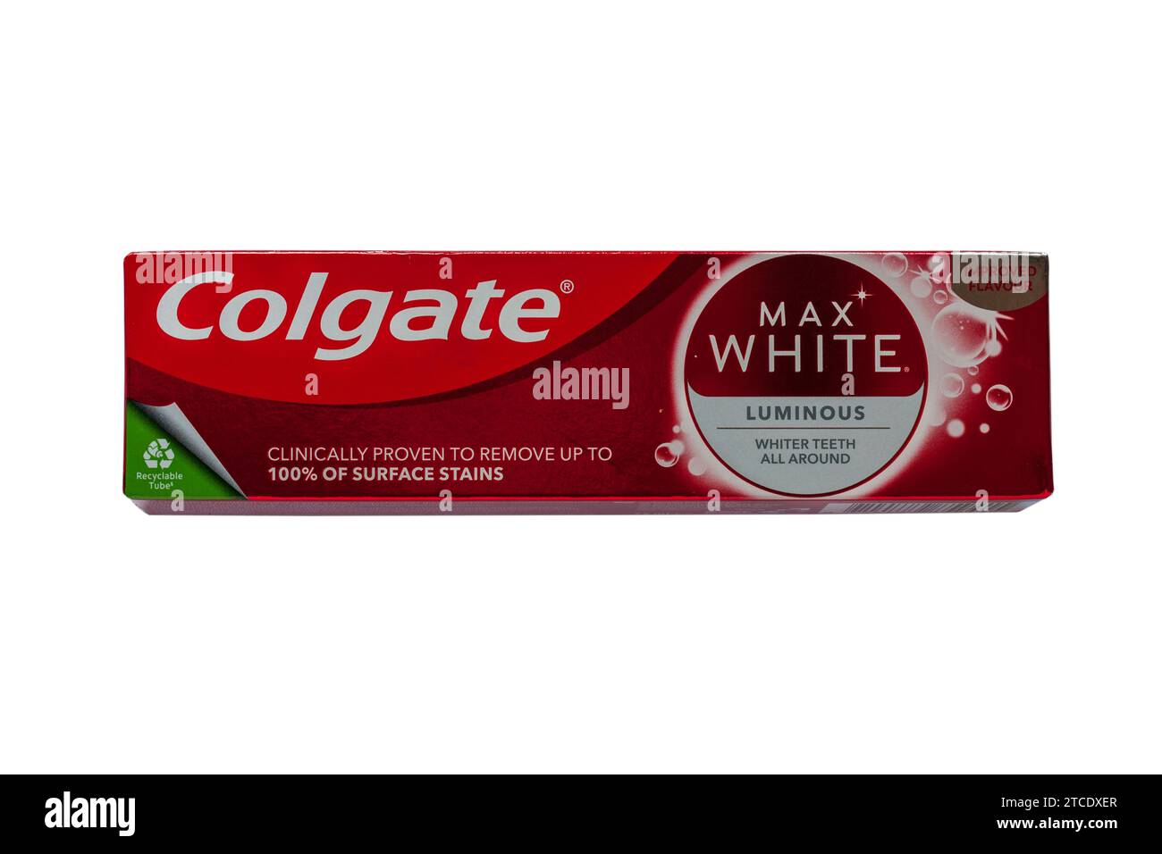 Box of Colgate Max White Luminous Fluoride Toothpaste on white ...