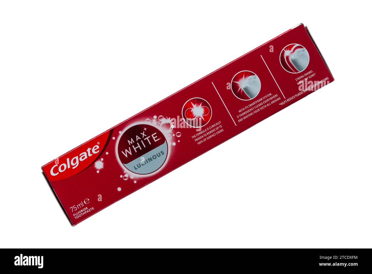 Box of Colgate Max White Luminous Fluoride Toothpaste isolated on white ...