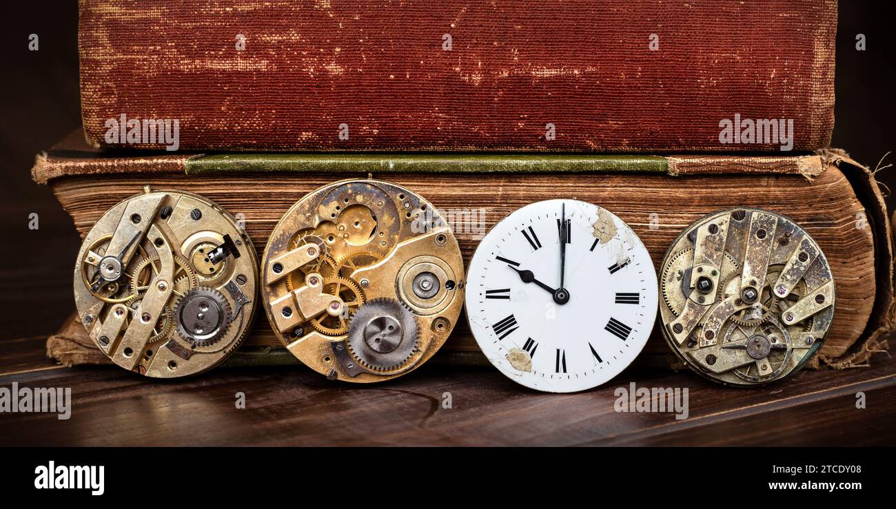 Antique clockworks and clock face with old books. Time machine banner ...
