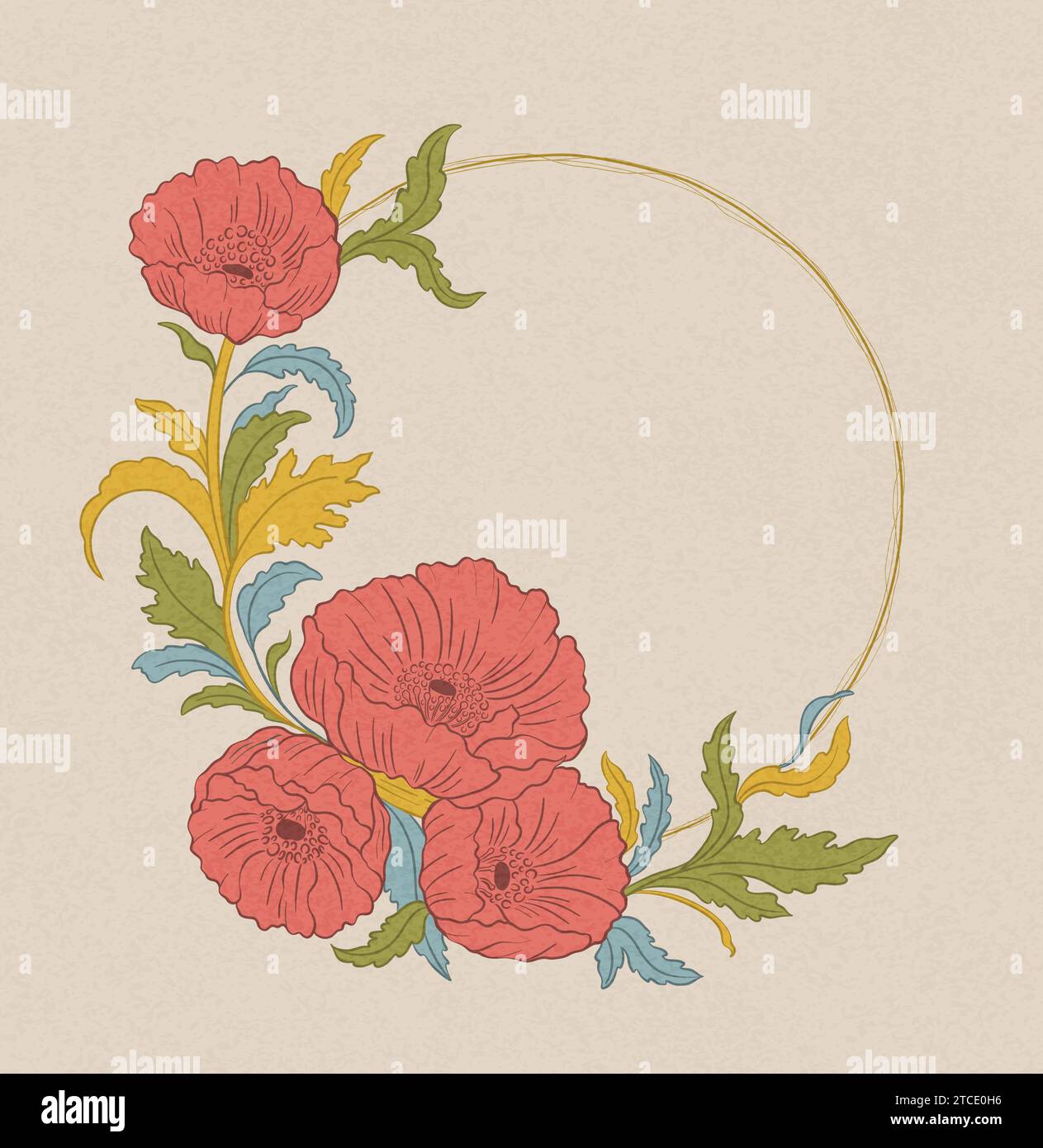 Floral poppy plant in art nouveau 1920-1930. Hand drawn with weaves of ...