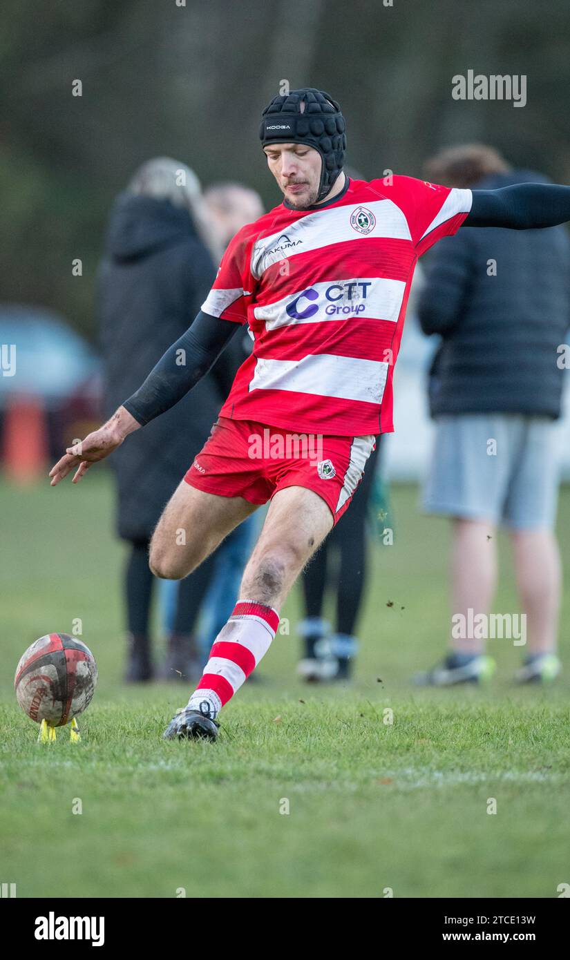 English amateur Rugby Union players playing in a league game wet and ...