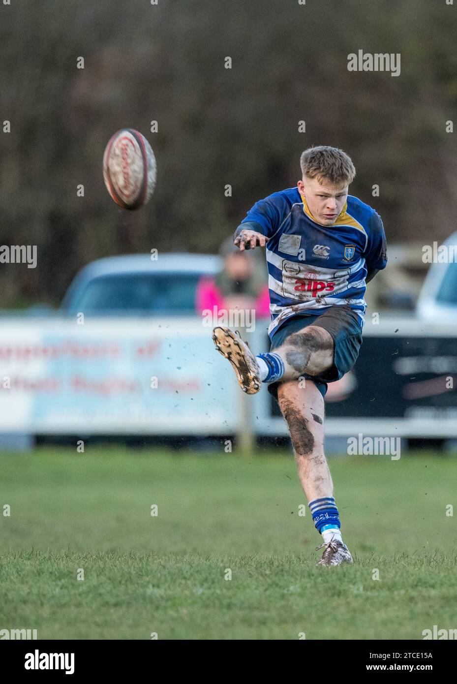 English amateur Rugby Union players playing in a league game wet and ...