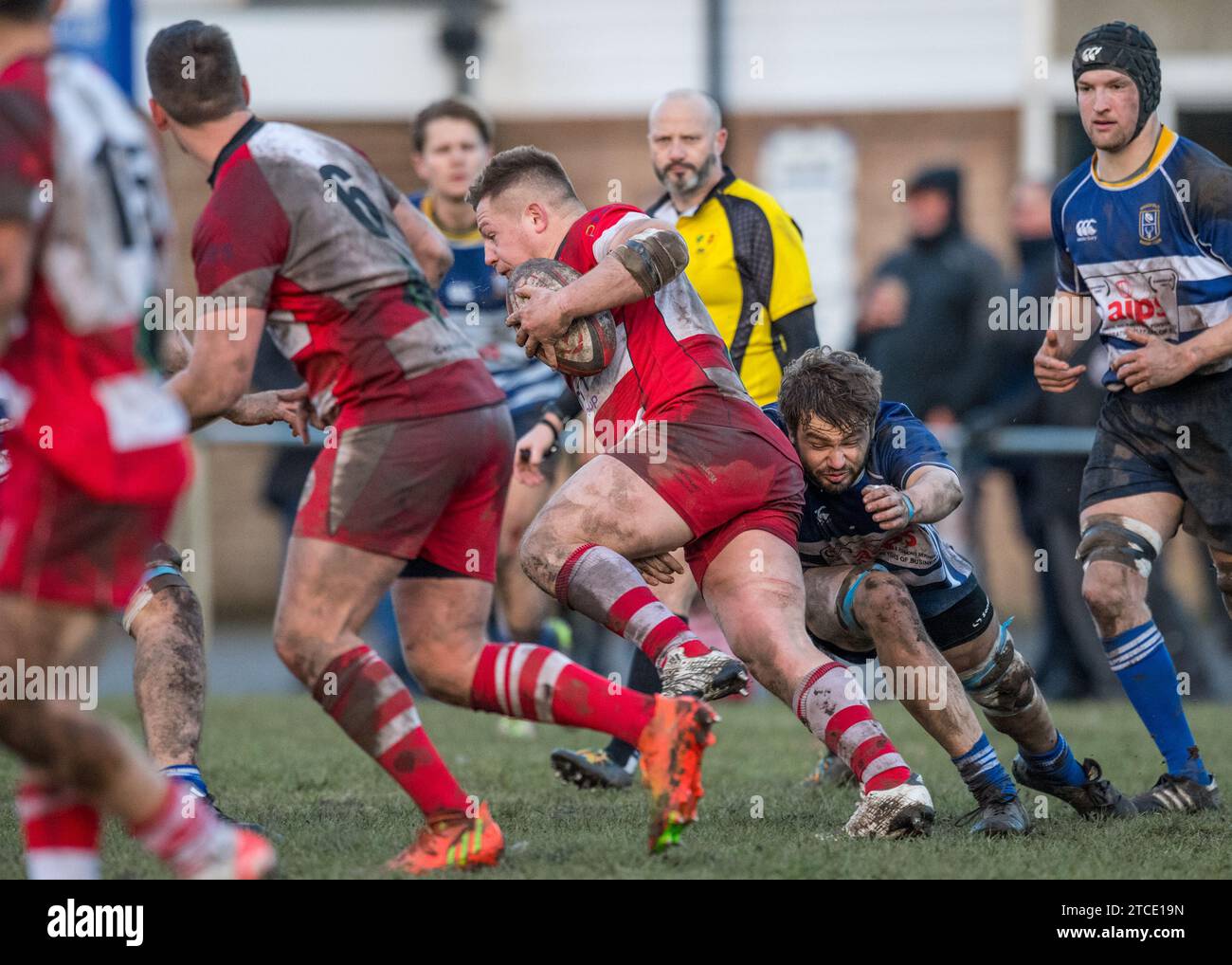English amateur Rugby Union players playing in a league game wet and ...