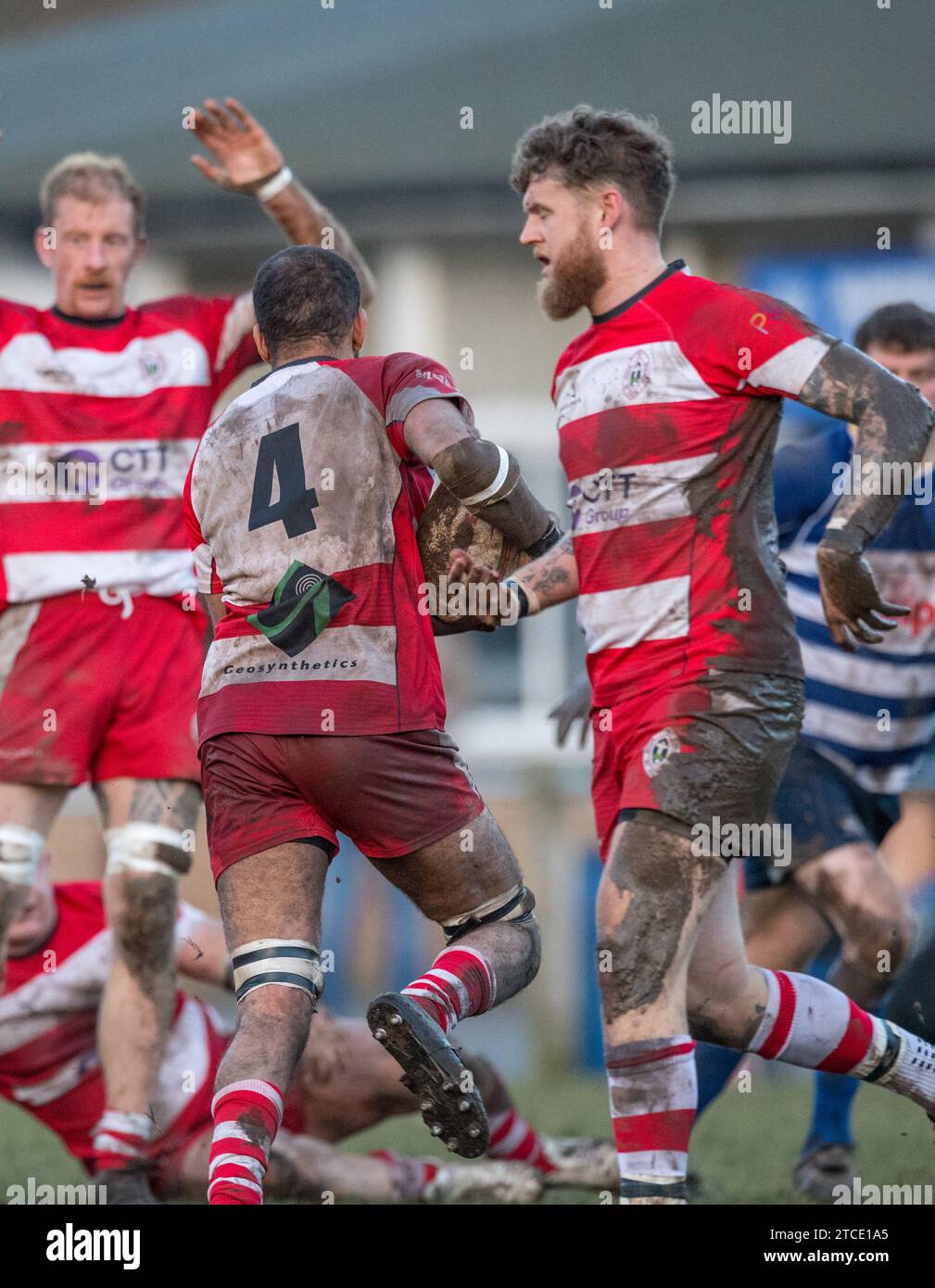 English amateur Rugby Union players playing in a league game wet and ...