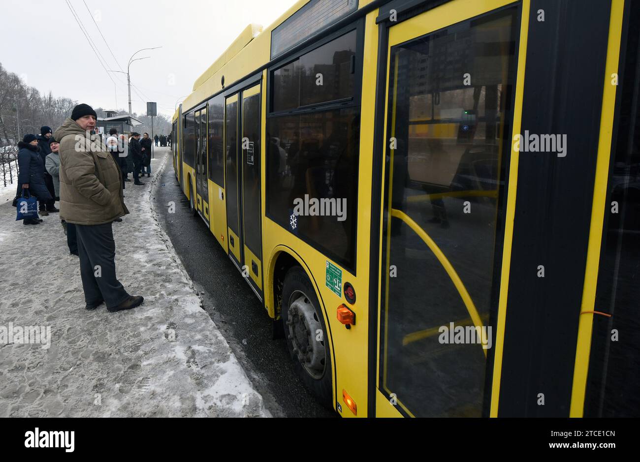 KYIV, UKRAINE - DECEMBER 11, 2023 - Buses run between the closed metro ...