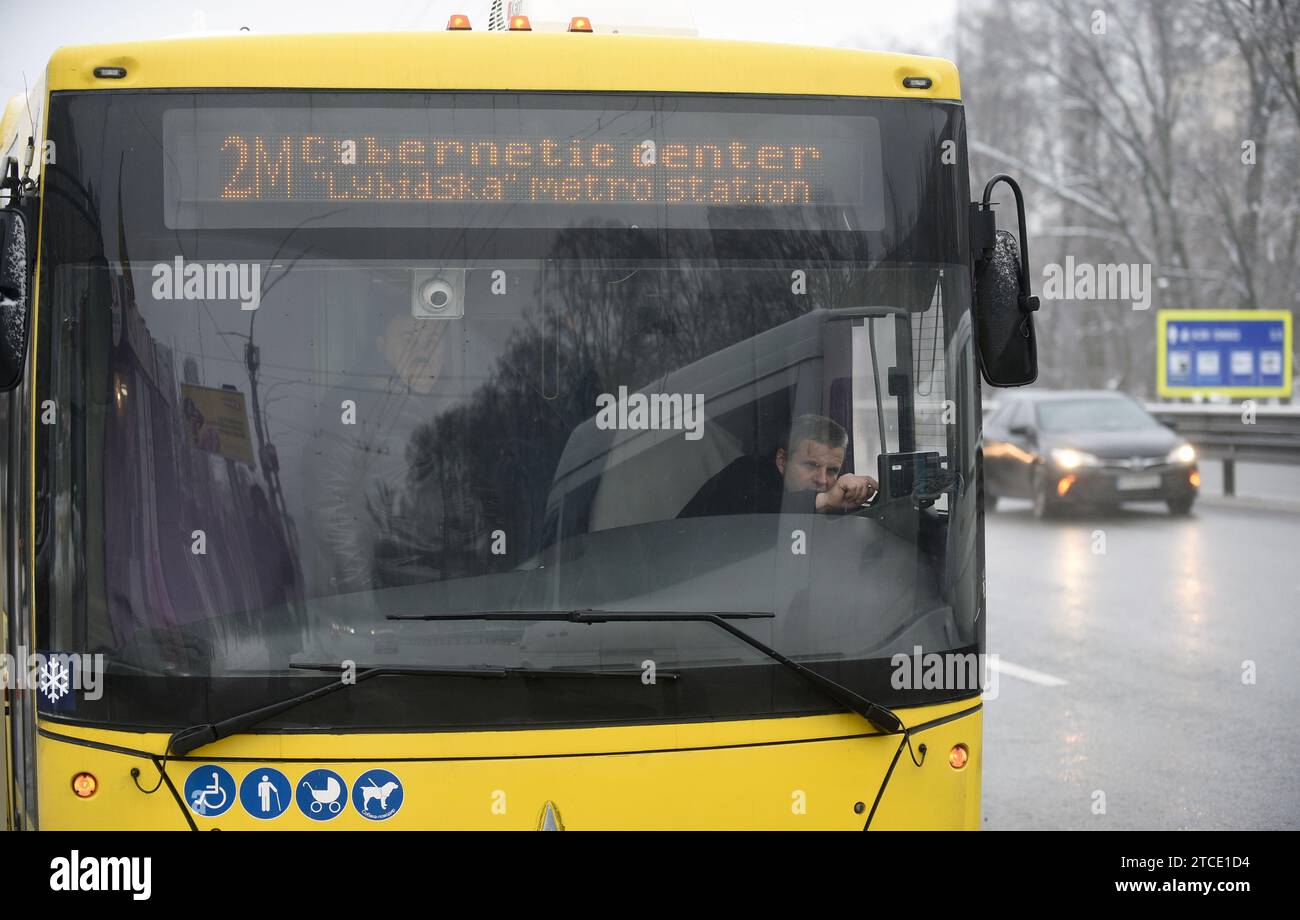KYIV, UKRAINE - DECEMBER 11, 2023 - Buses run between the closed metro ...