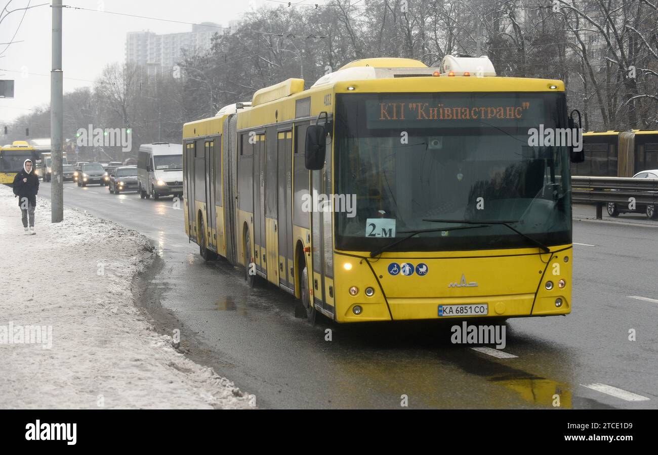 KYIV, UKRAINE - DECEMBER 11, 2023 - Buses run between the closed metro ...