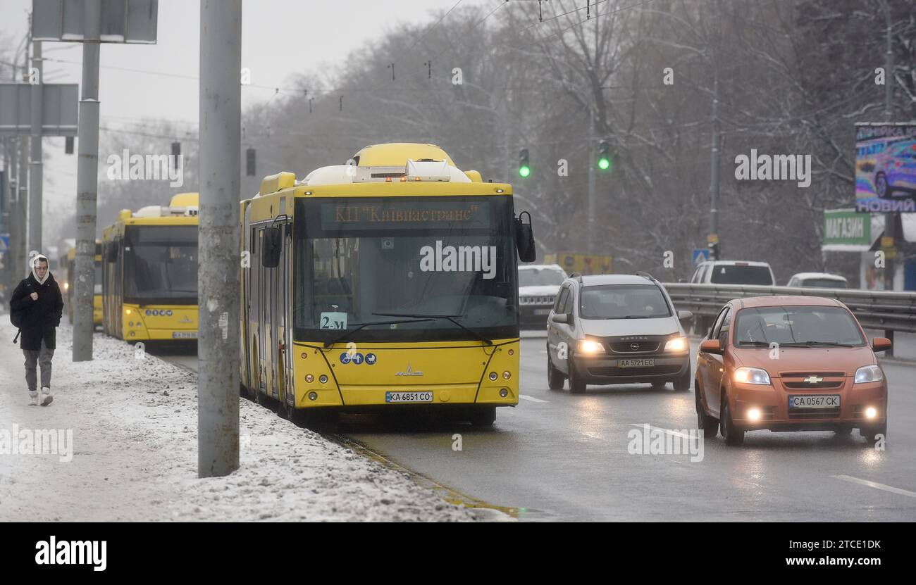 KYIV, UKRAINE - DECEMBER 11, 2023 - Buses run between the closed metro ...