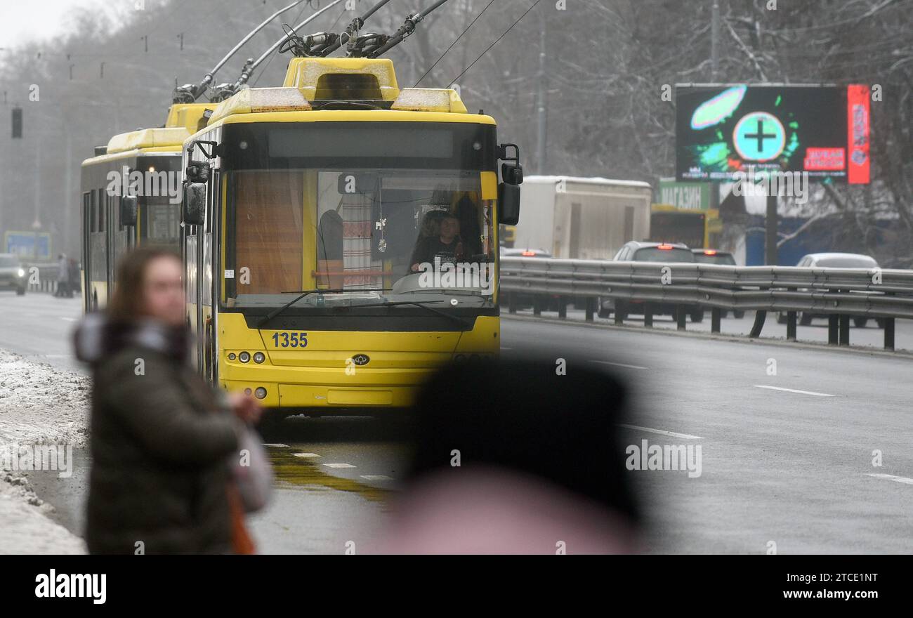 KYIV, UKRAINE - DECEMBER 11, 2023 - Buses run between the closed metro ...