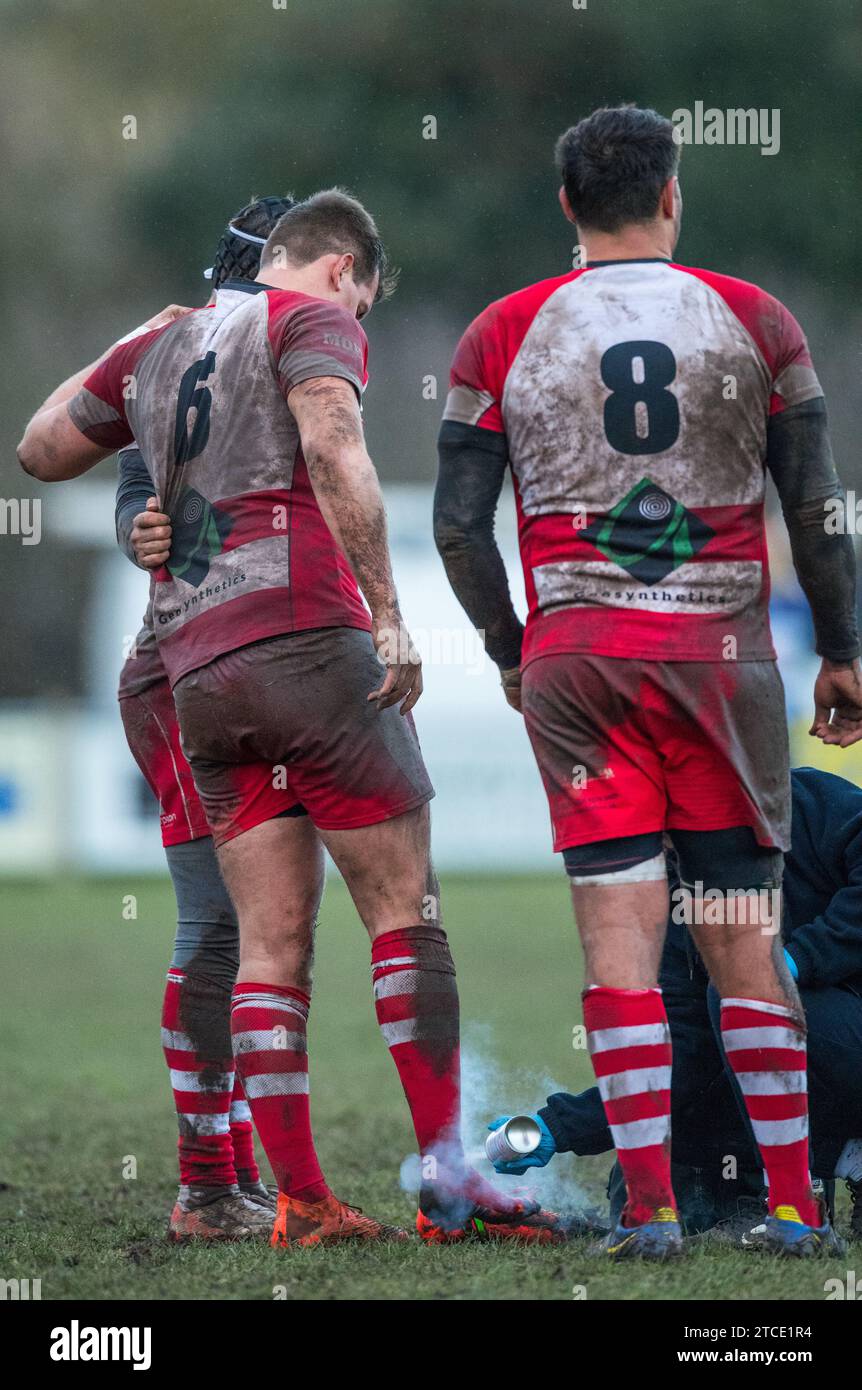 English amateur Rugby Union player recieving first aid treatment whilst ...