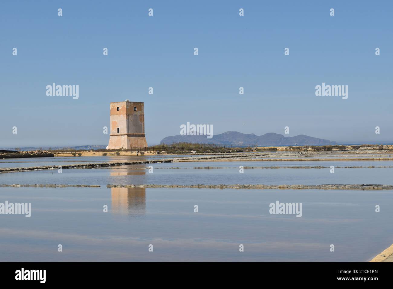 View of the salt flats with the Torre Nubia tower in the background ...