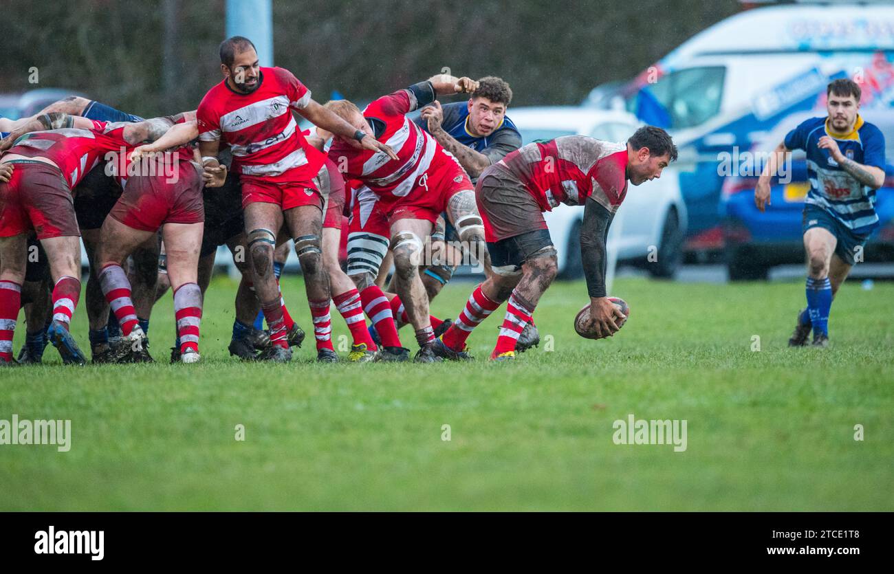 English amateur Rugby Union players playing in a league game wet and ...