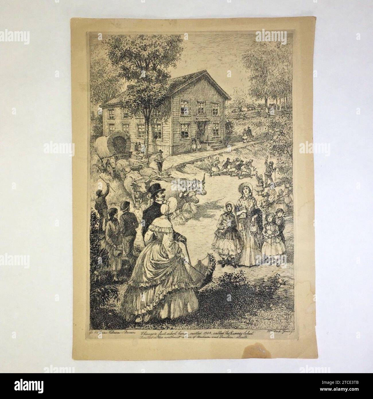 William Mark Young - Chicago’s First School House - etching Stock Photo ...
