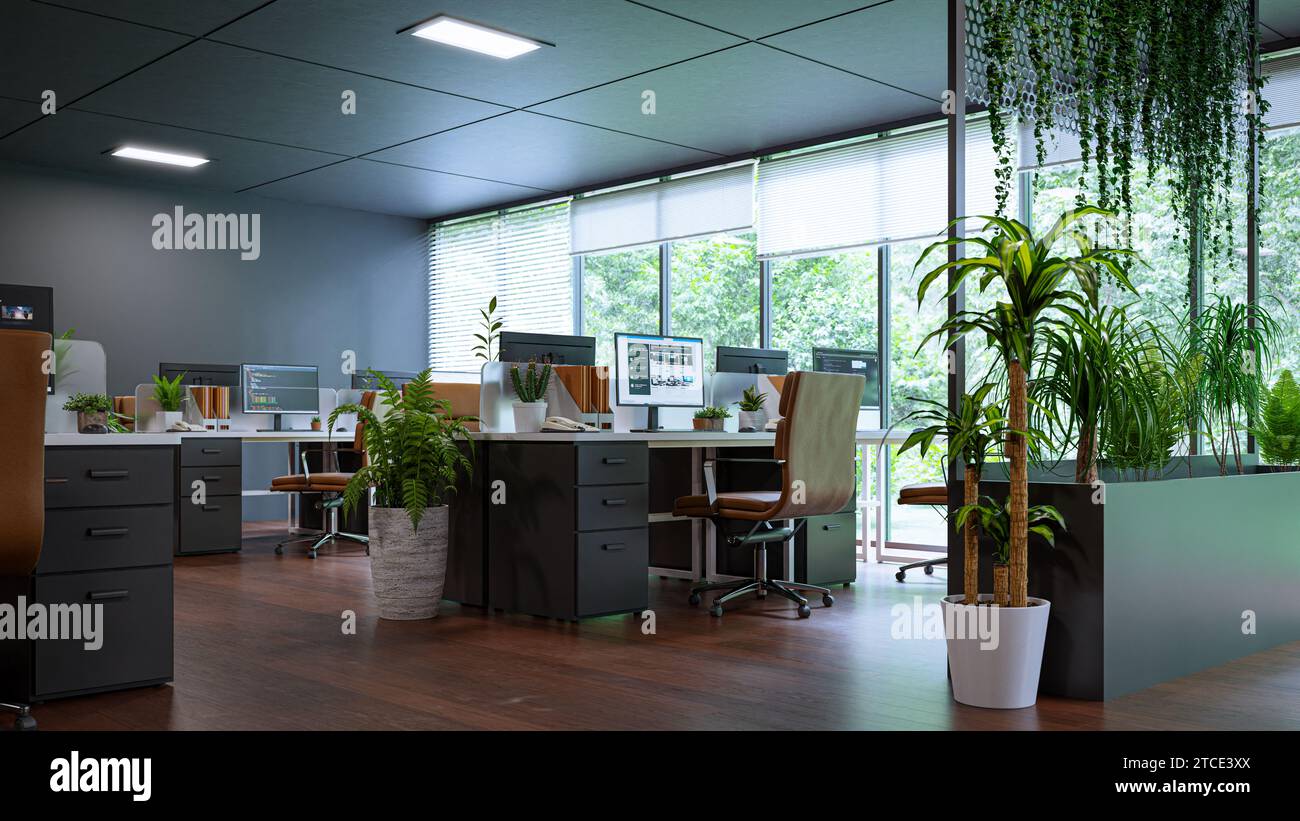 A dark-toned modern minimal interior design in the office with a view ...