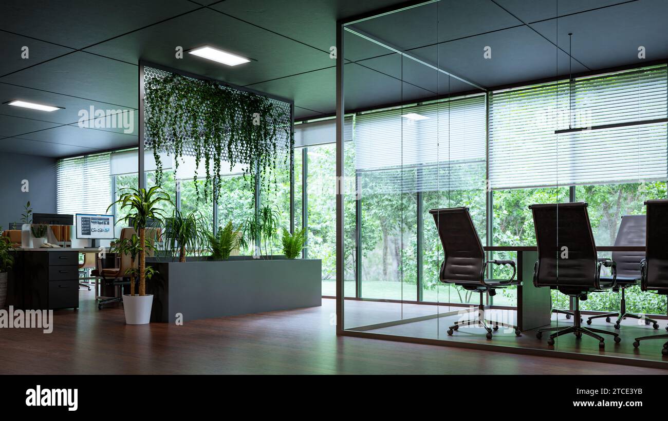 A dark-toned modern minimal interior design in the office with a view ...