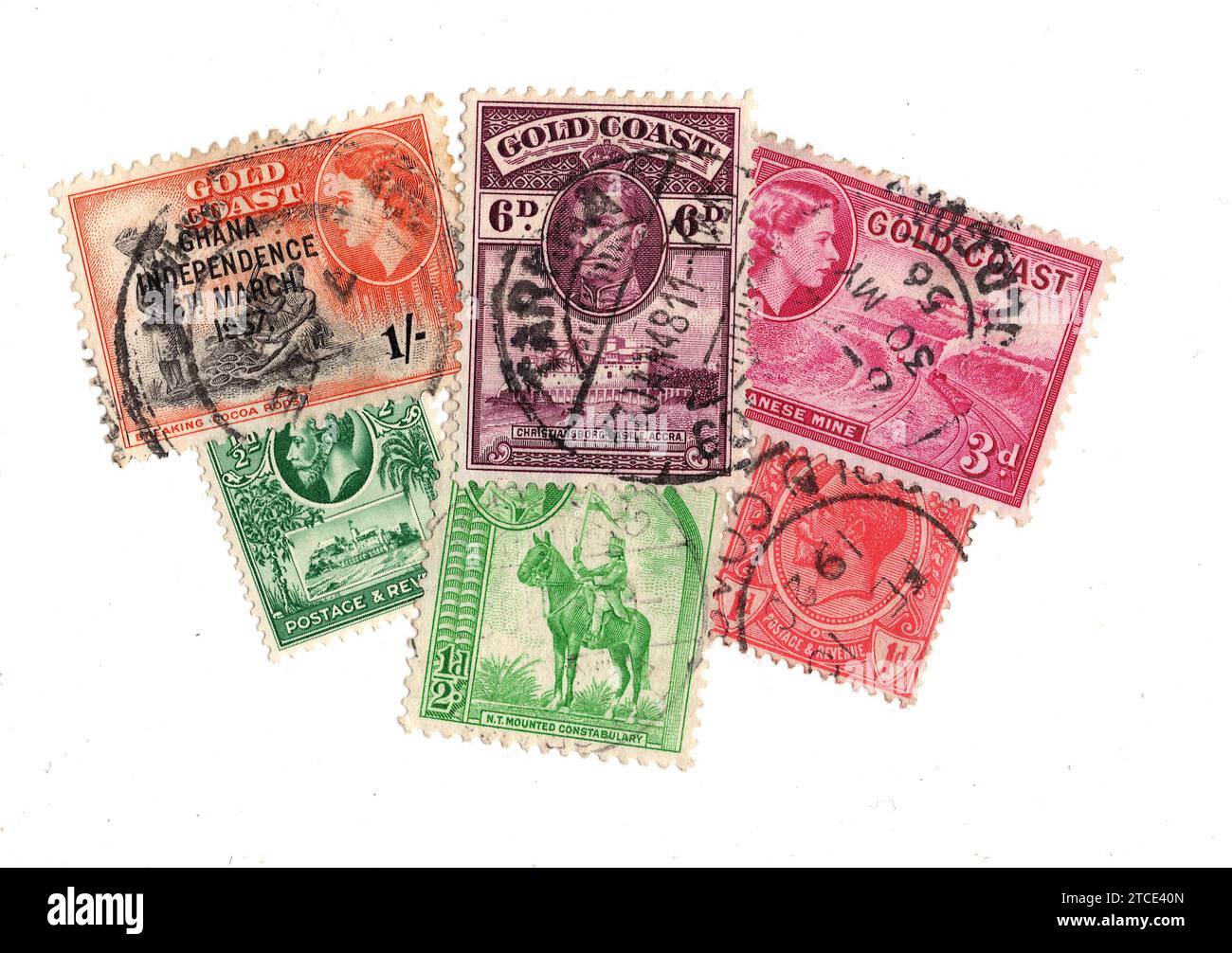 A montage of vintage postage stamps from Gold Coast isolated on a white ...