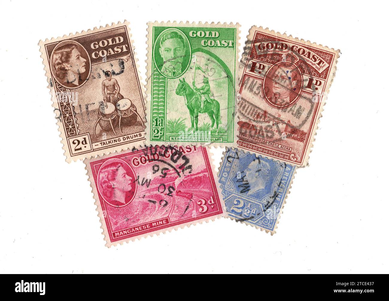 A montage of vintage postage stamps from Gold Coast isolated on a white ...