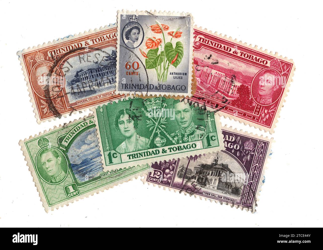 A montage of vintage postage stamps from Trinidad and Tobago isolated ...