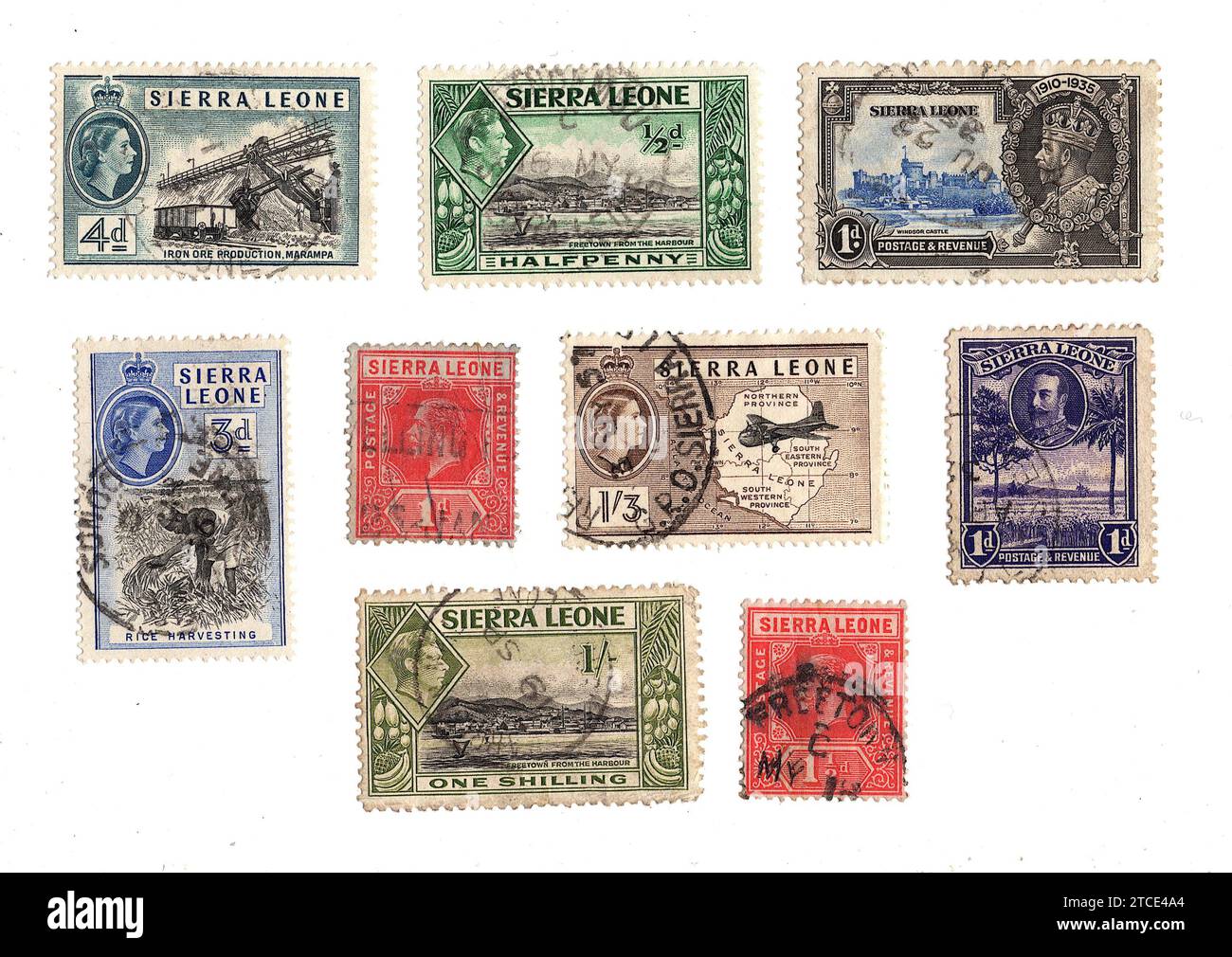 A montage of vintage postage stamps from Sierra Leone isolated on a ...