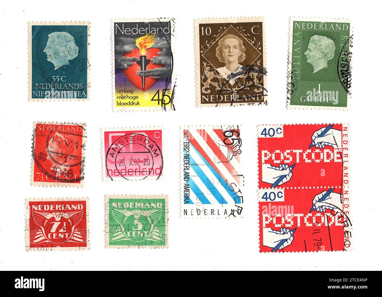 A montage of vintage postage stamps from the Netherlands isolated on a ...