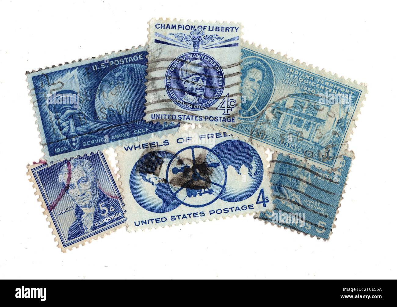 A montage of blue vintage postage stamps from the USA isolated on a ...