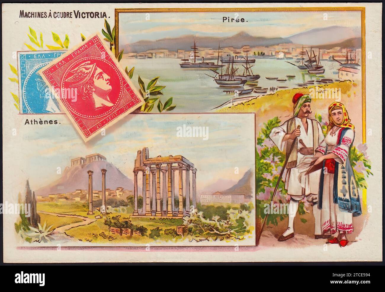 Greek Stamps - Vintage French Tradecard, Belle Epoque Era Stock Photo ...