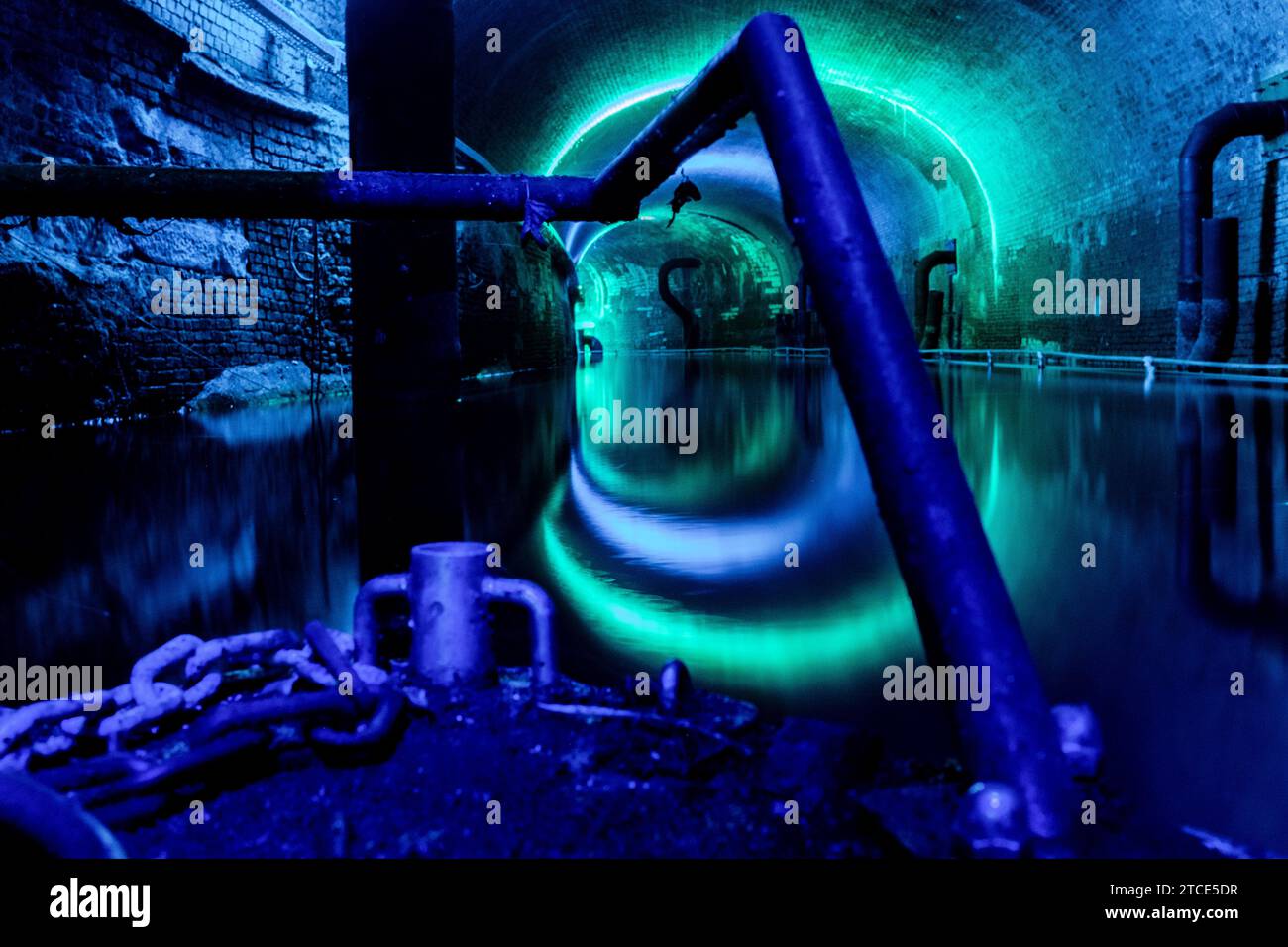 Antwerp, Belgium. Illuminated, underground sewage canal, transporting ...
