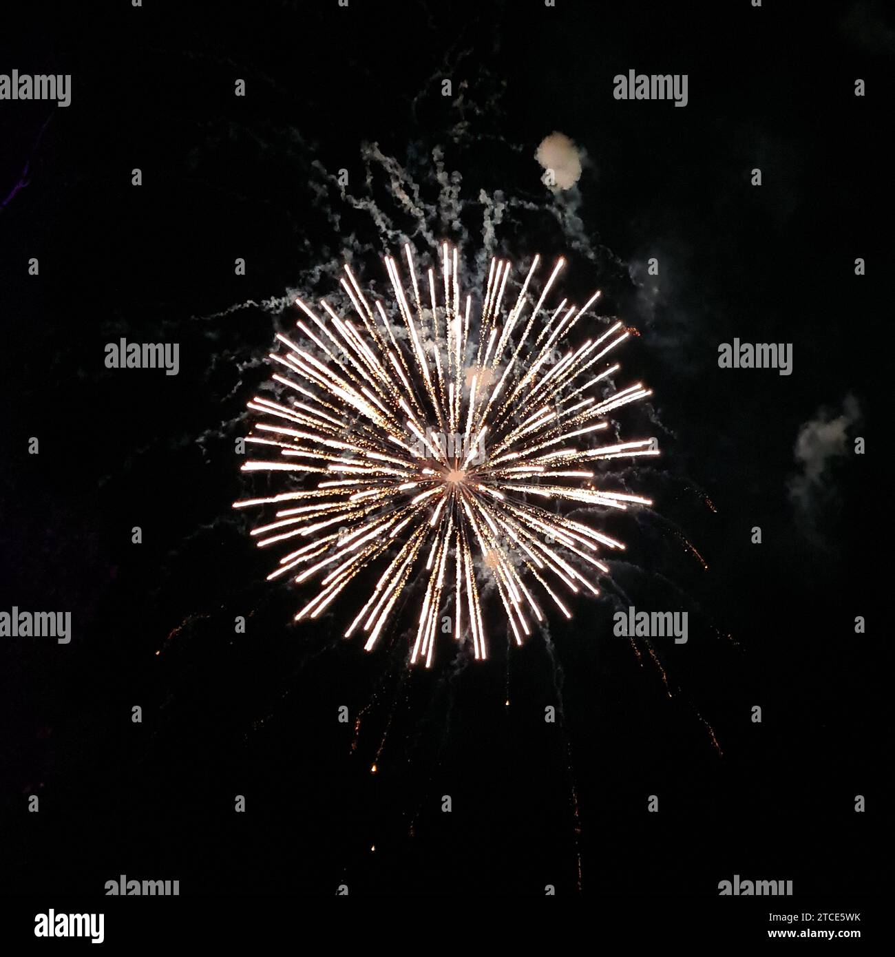 Photo of real fireworks in circle shape with smoke paths on black sky ...