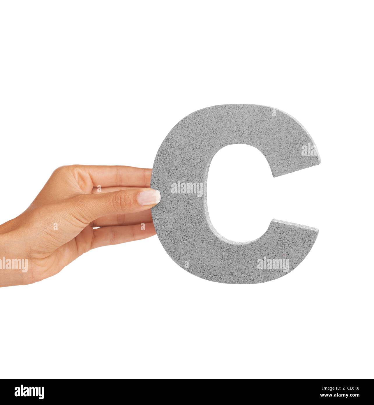 Hands, alphabet and capital letter c in studio isolated on a white ...