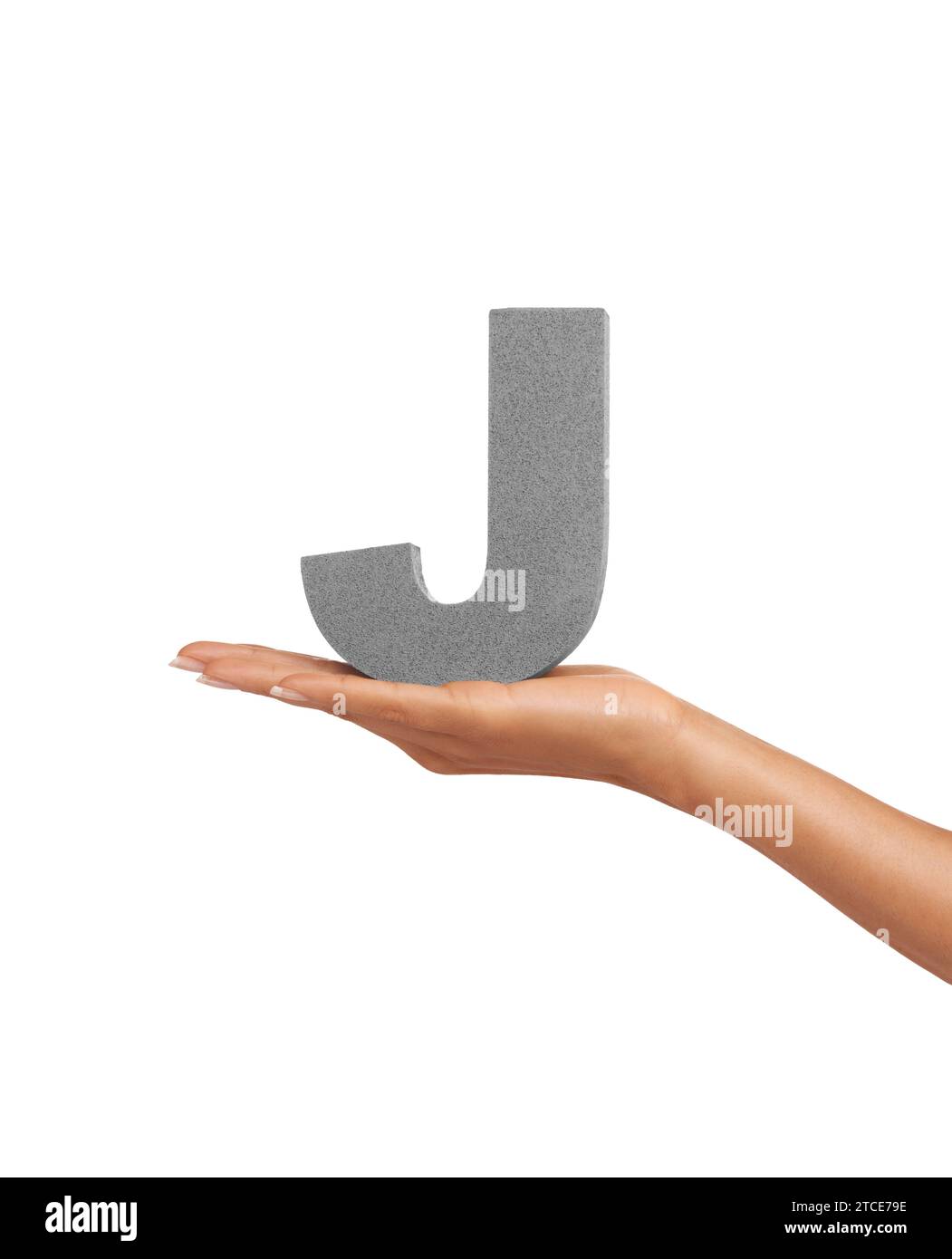 Hand of woman, font letter J and presentation of consonant isolated on ...