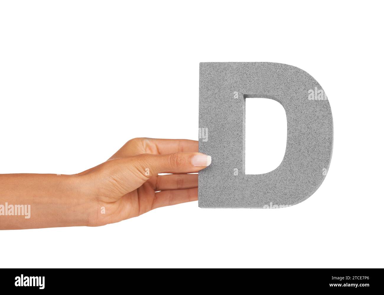Hand of woman, capital letter D and presentation of consonant isolated ...