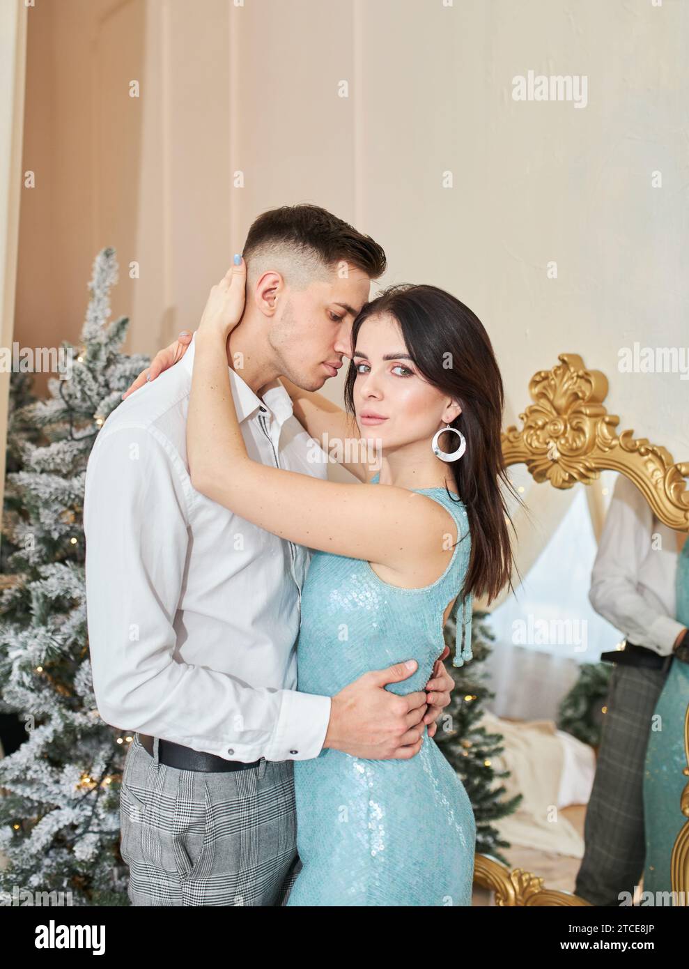 romantic couple in love happy about being together celebrating winter ...