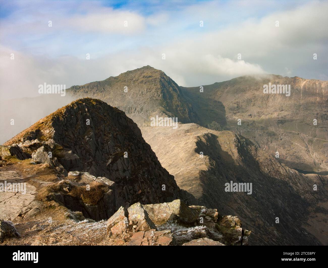 On the rugged Y Lliwedd route to the summit of Yr Wyddfa (Mount Snowdon ...