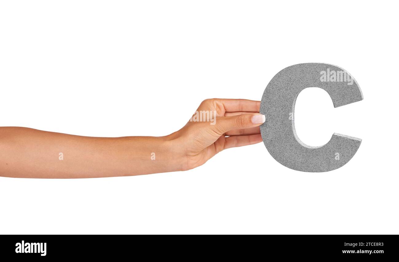 Hands, font and capital letter c in studio isolated on a white ...