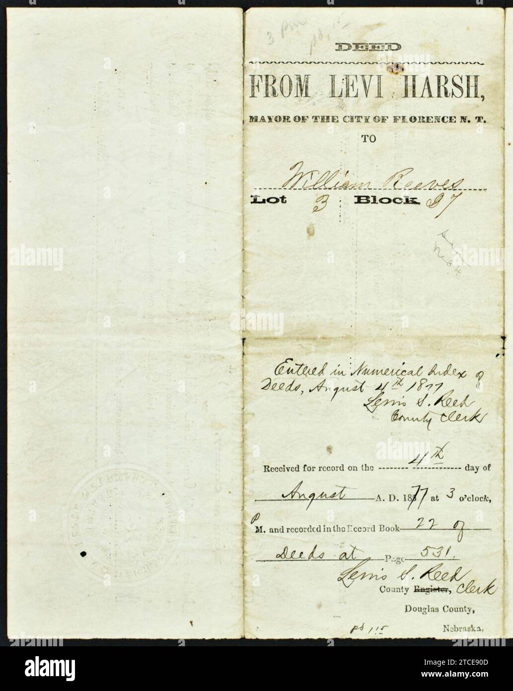 William Reeves deed executed by Levi Harsh, mayor of Florence, Nebraska ...