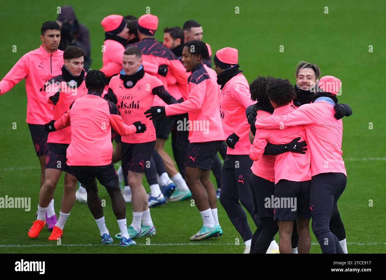Manchester City players huddle up during a training session at The City ...