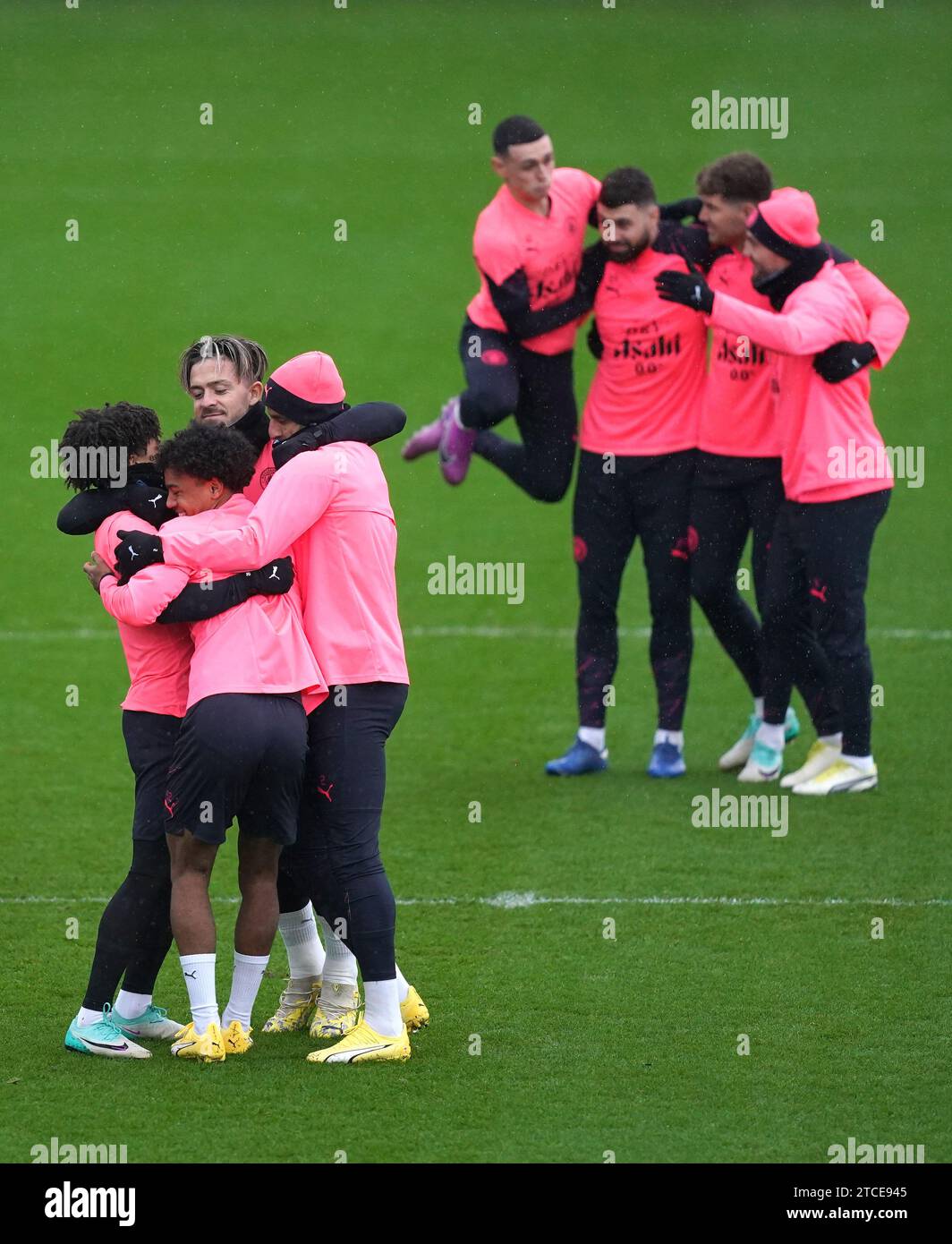 Manchester City players huddle up during a training session at The City ...