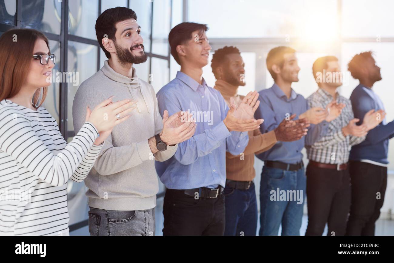 Close up side profile, different participants business people stand and ... Close up side profile, different participants business people stand and ...