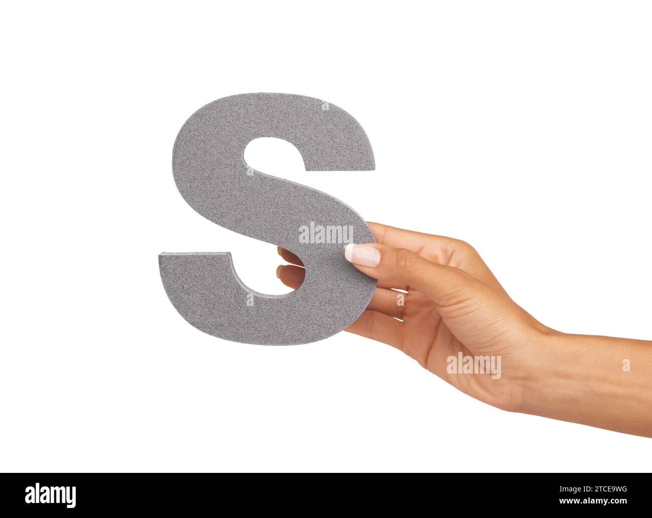 S, alphabet and hand with letter on a white background for spelling ...