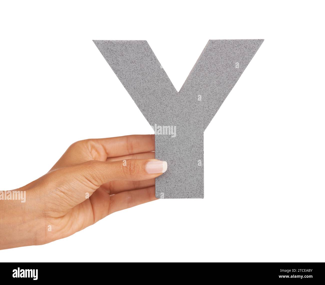 Hands, alphabet and capital letter Y in studio isolated on a white ...
